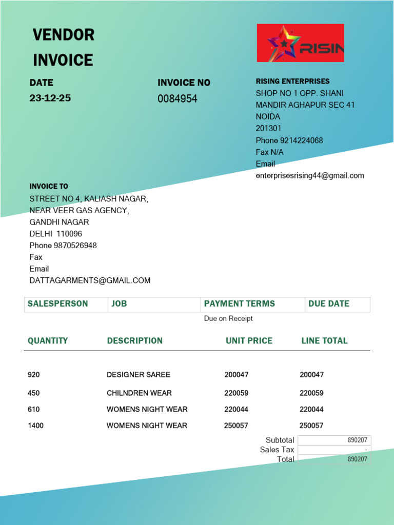 Vendor Invoice for Rising Enterprises | PDF