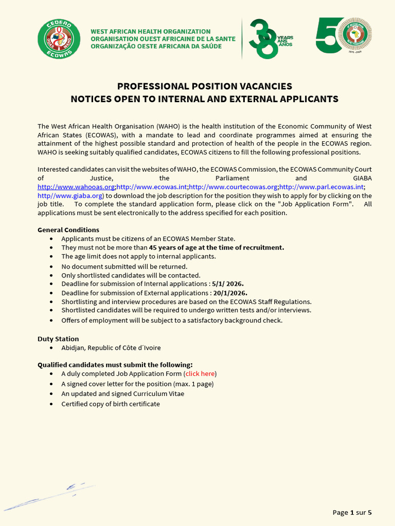 WAHO Job Vacancies for ECOWAS Citizens | PDF | Midwife