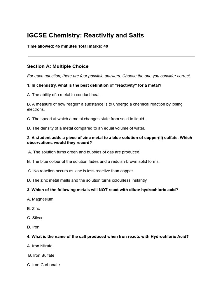 IGCSE Chemistry: Reactivity & Salts Guide | PDF | Salt (Chemistry ...