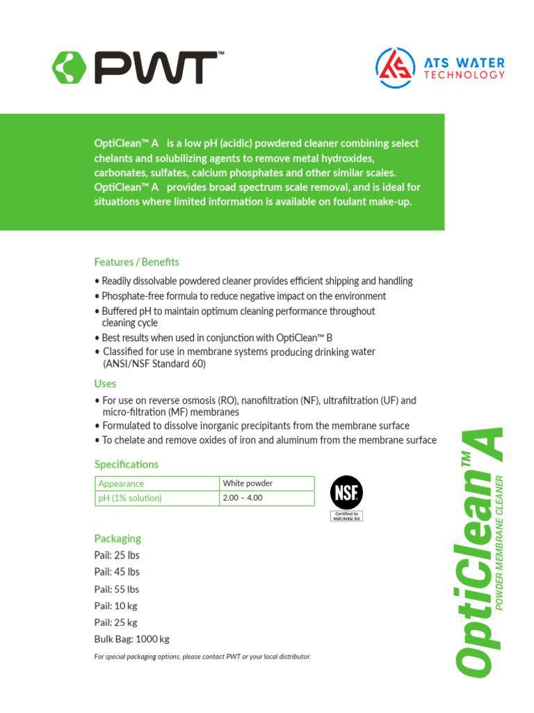 OptiClean Powder Membrane Cleaner Specs | PDF | Membrane | Chemical ...