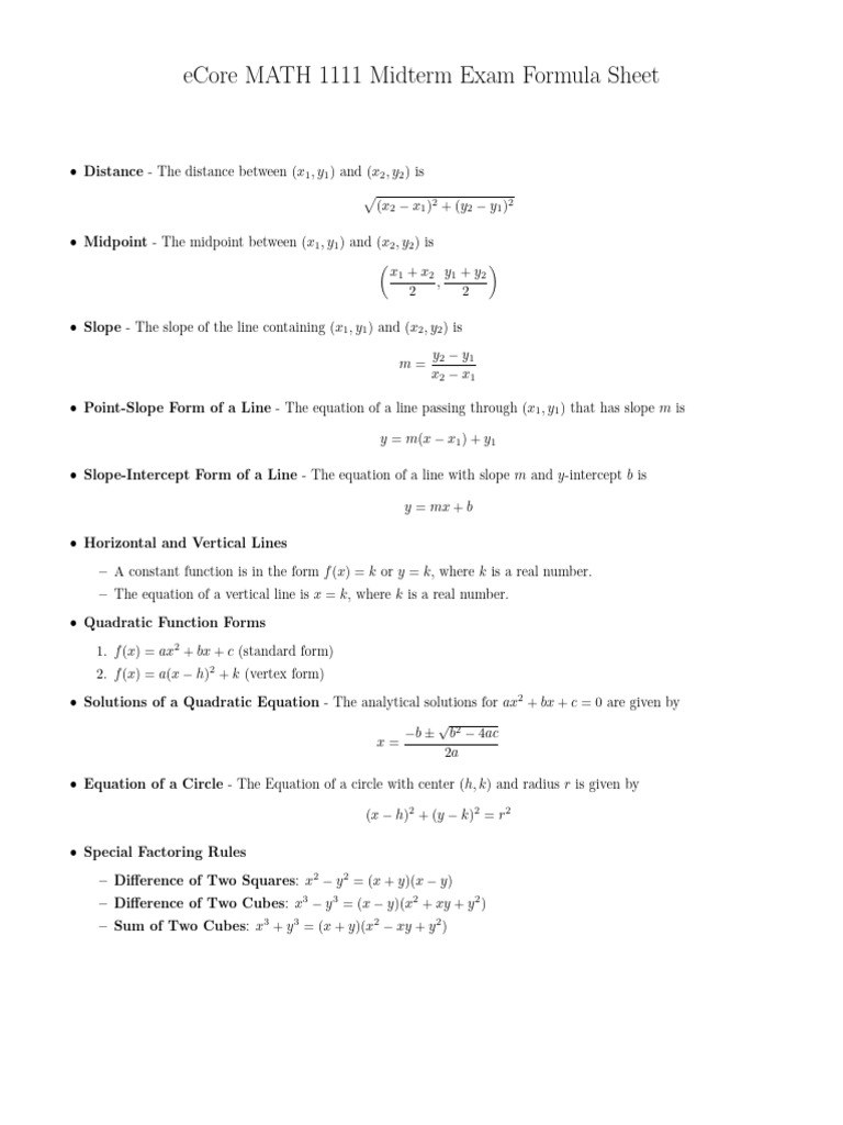 ECore MATH 1111 Midterm Exam Formula Sheet (1) | PDF
