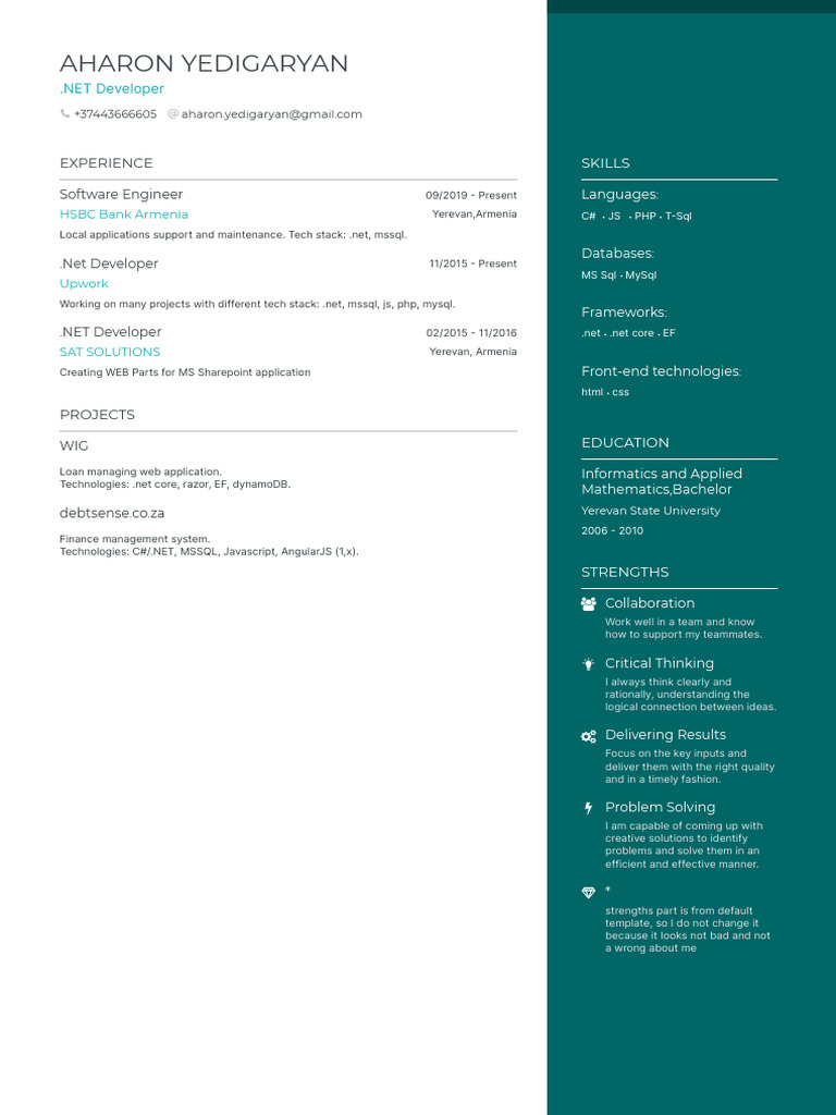 Aharon Yedigaryan - .NET Developer Profile | PDF | Microsoft Sql Server ...