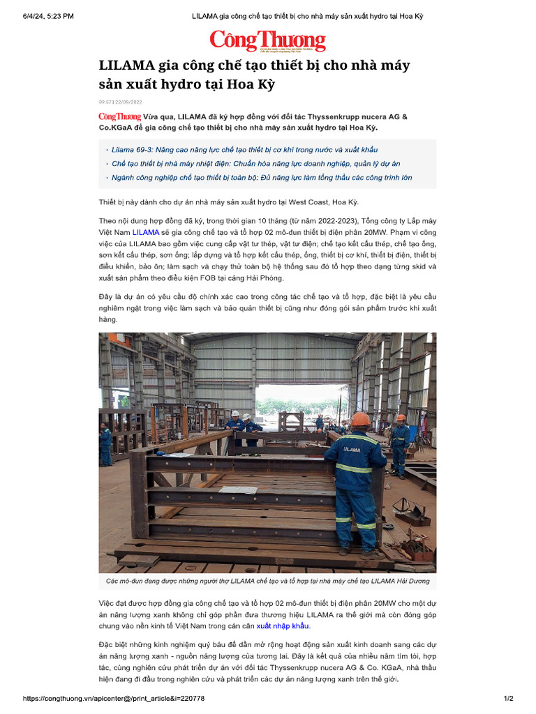 2023-09-22 Cong Thuong - LILAMA Gia Công Chế Tạo Thiết Bị Cho Nhà Máy ...