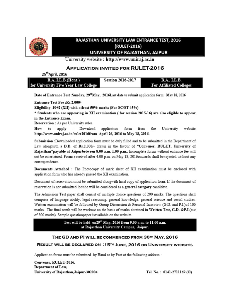 Admission Notice (Rulet 2016) 23april16 | PDF | Qualifications ...