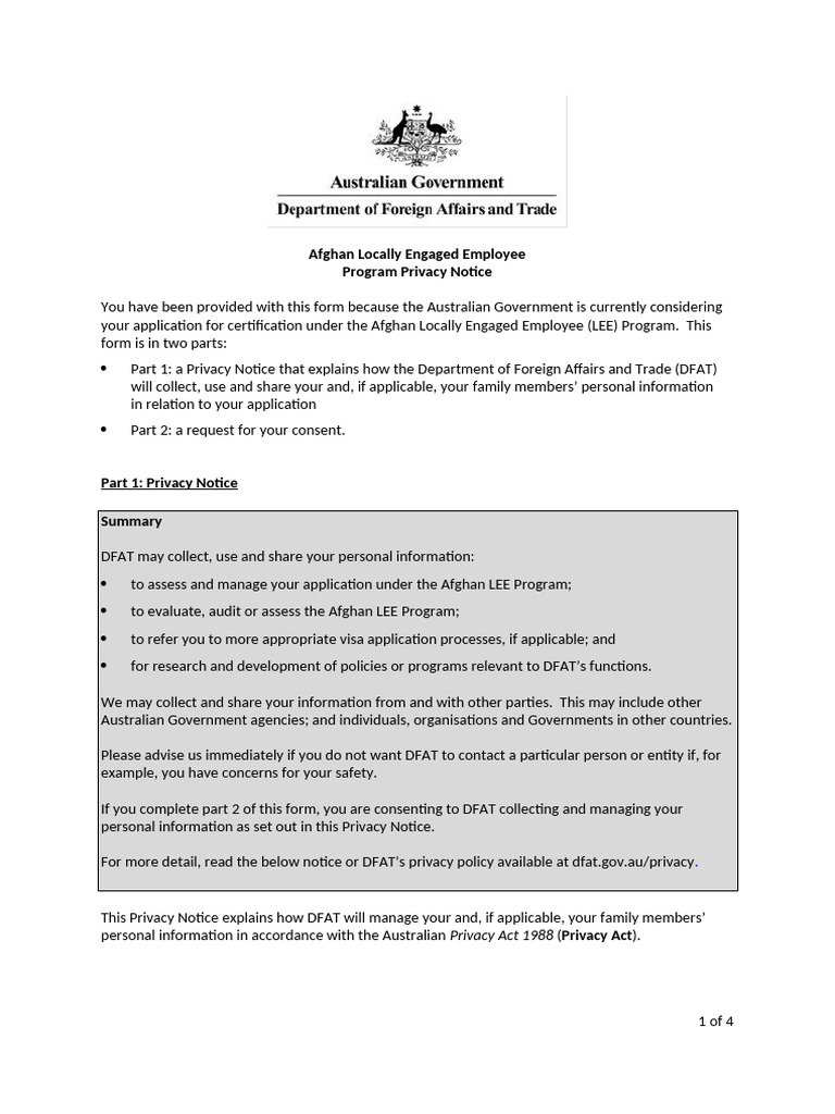 Afghan Locally Engaged Employee Privacy Notice Consent Request | PDF ...