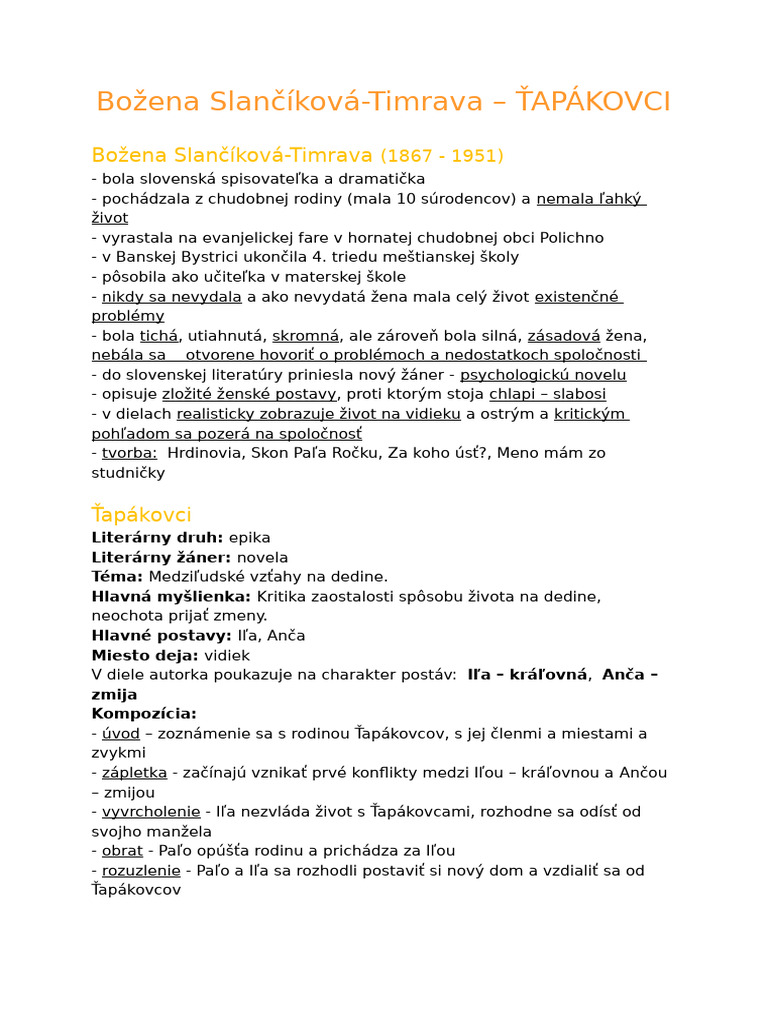 Božena Slančíková Timrava ŤAPÁKOVCI Poznámky | PDF