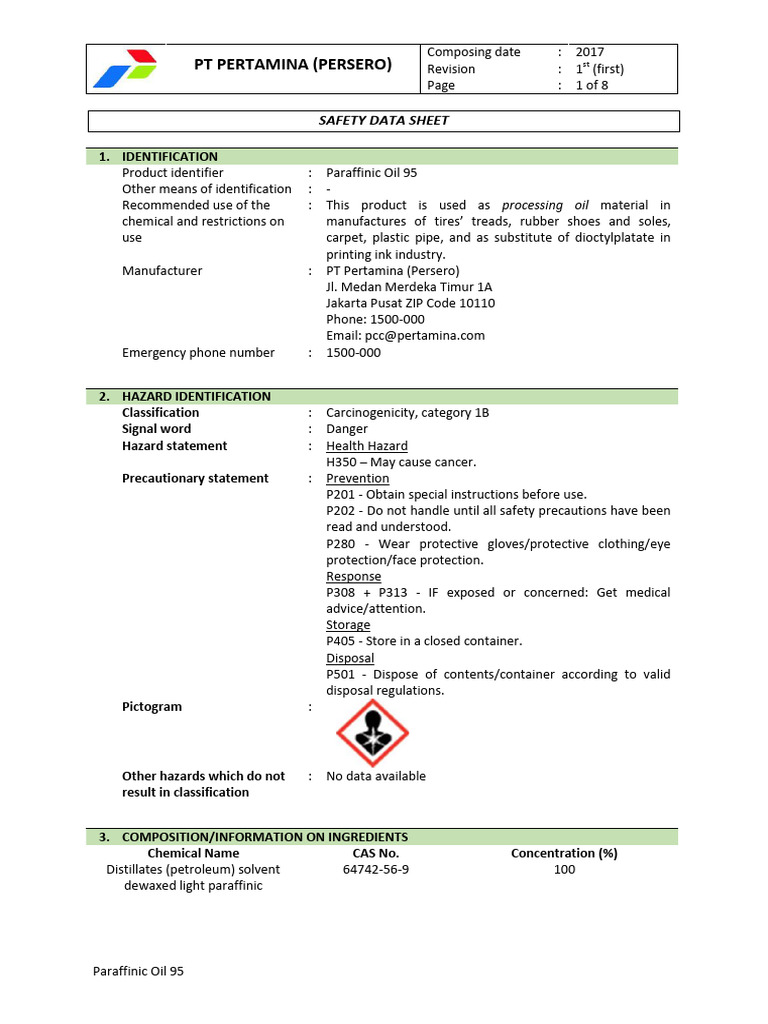 20201020153143atc_SDS Paraffinic Oil 95_Eng (1) | PDF | Toxicity ...