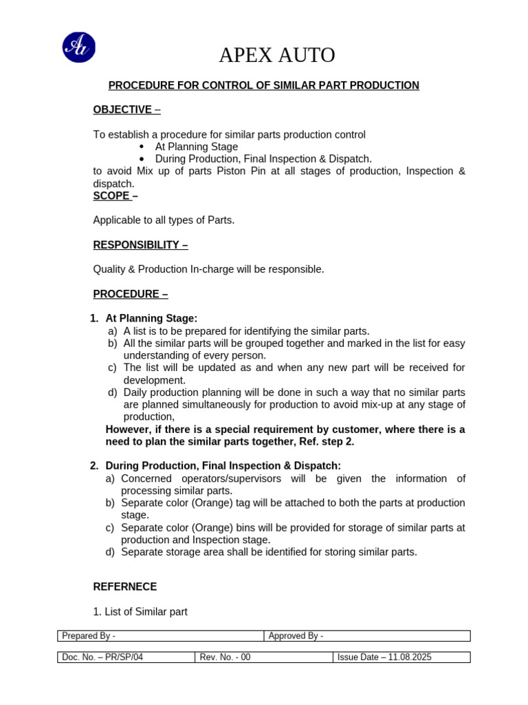 Similar Parts Production Control Procedure | PDF