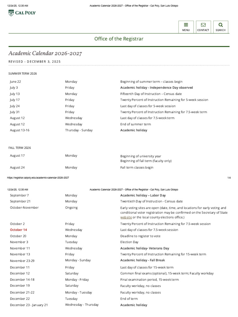 Academic Calendar 2026-2027 - Office of the Registrar - Cal Poly, San Luis Obispo | PDF ...