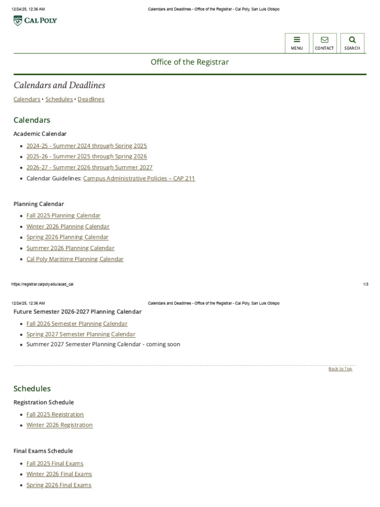 Calendars and Deadlines - Office of The Registrar - Cal Poly, San Luis ...