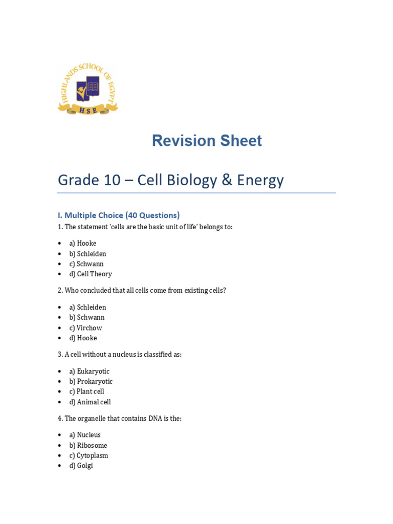 Grade 10 Revision Pack | PDF | Cell (Biology) | Cellular Respiration