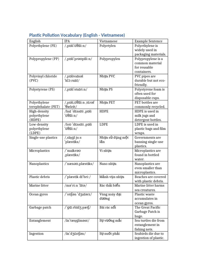 Bản Sao Plastic - Pollution - Vocab | PDF | Plastic | Polyethylene
