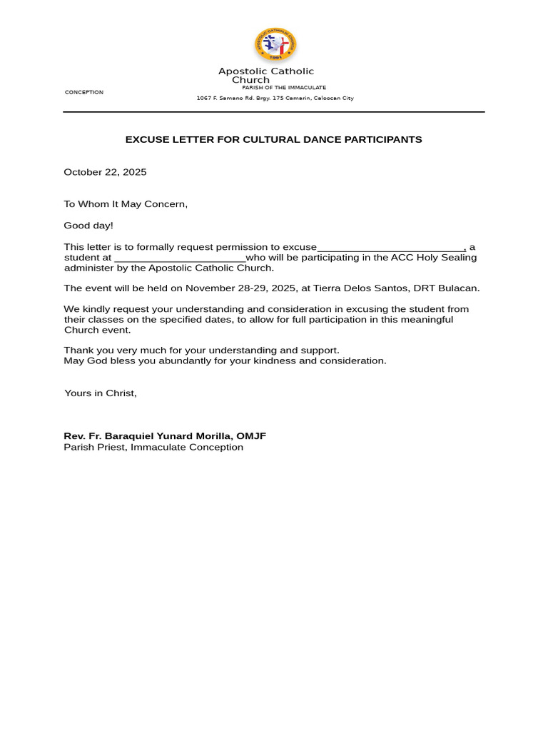 Excuse Letter For Cultural Dance | PDF