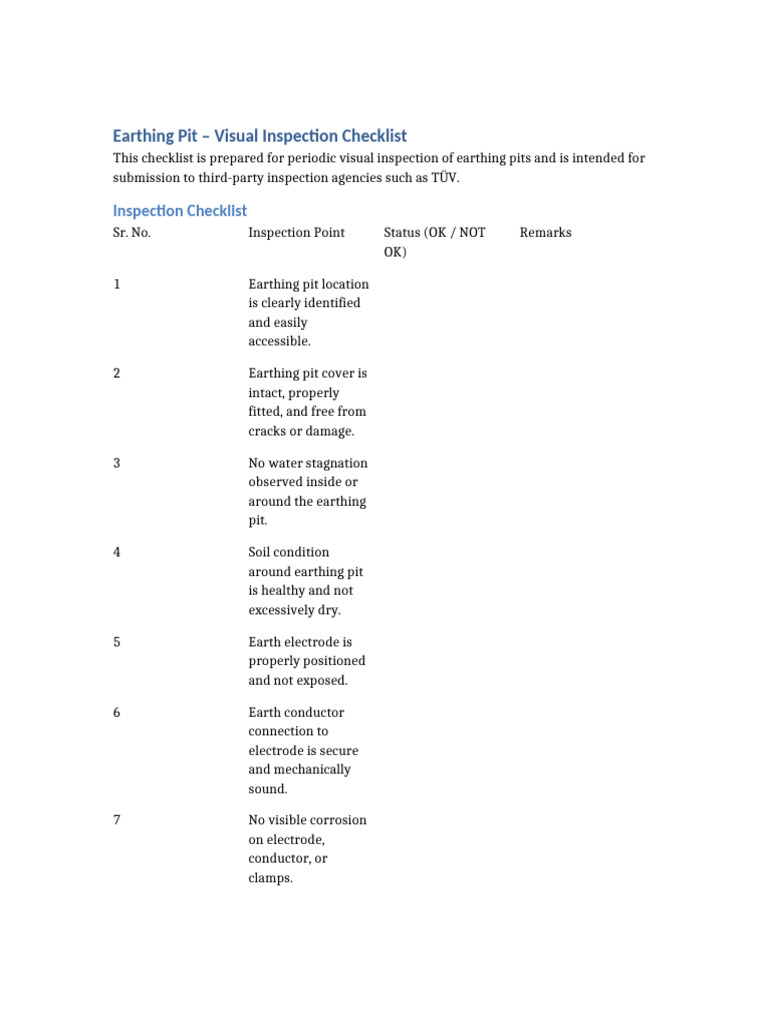 Earthing Pit Inspection Checklist | PDF | Materials