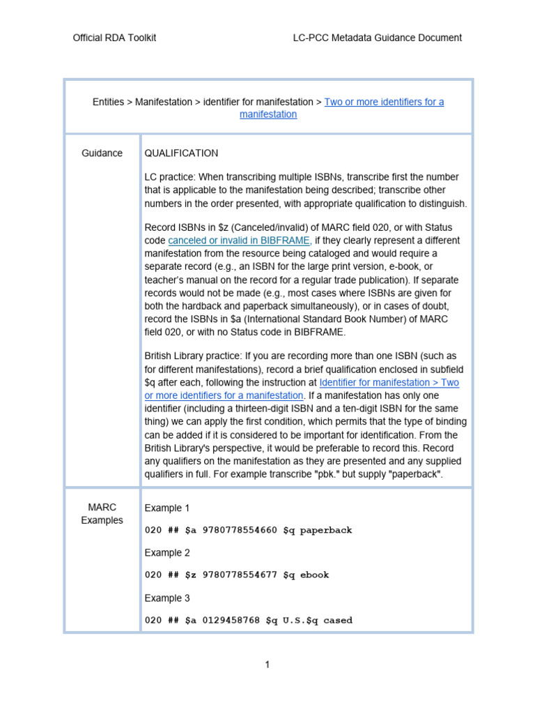 RDA Toolkit: ISBN Recording Guidelines | PDF | Identifier | Metadata
