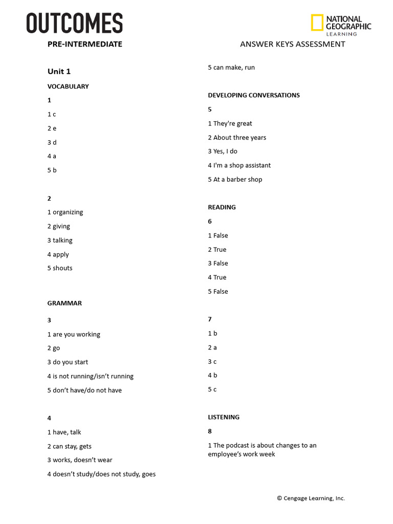 Pre-Intermediate Assessment Answer Keys | PDF
