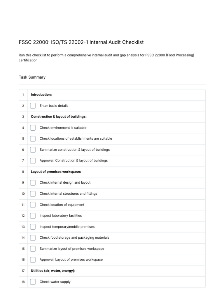 FSSC 22000 - ISO - TS 22002-1 Internal Audit Checklist - Process Street ...
