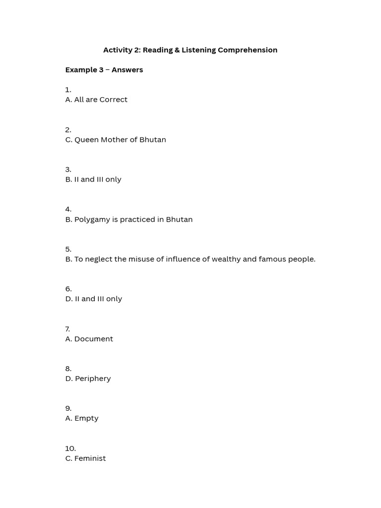 Activity 2 Reading & Listening Comprehension Example 1 – Answers 1. D ...