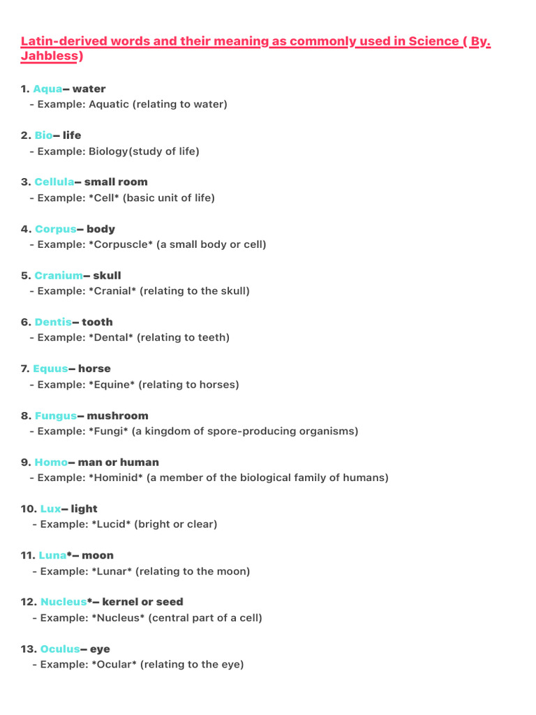 Latin-derived words and their meaning as commonly used in Science ...