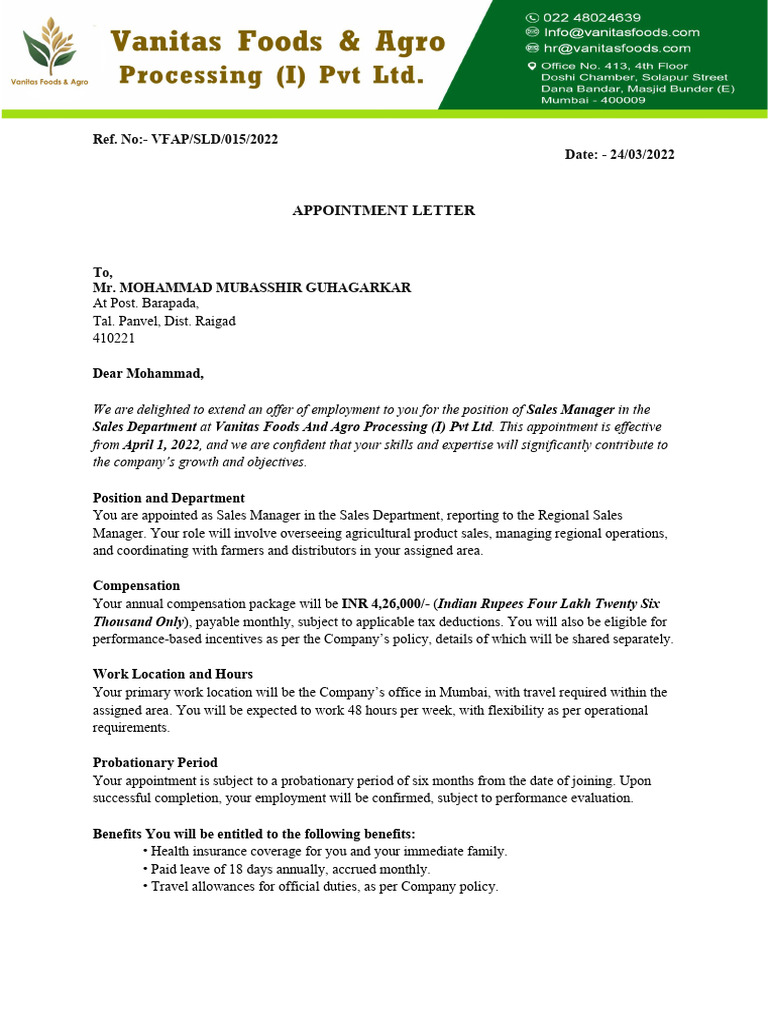Sales Manager Appointment Letter | PDF | Economies | Business