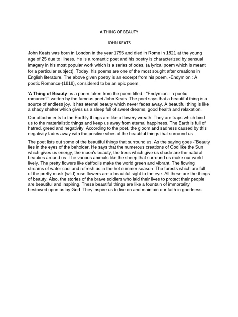 John Keats' "A Thing of Beauty" Analysis | PDF