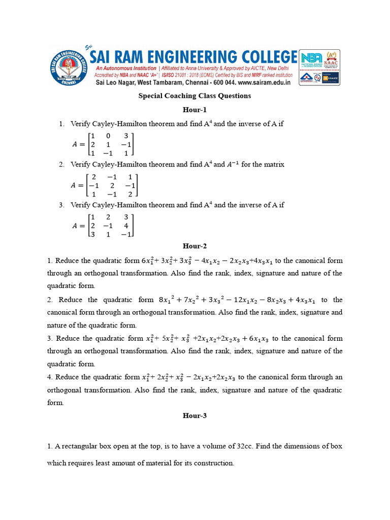 Special Coaching Class: Matrix & Calculus Problems | PDF | Algebra ...