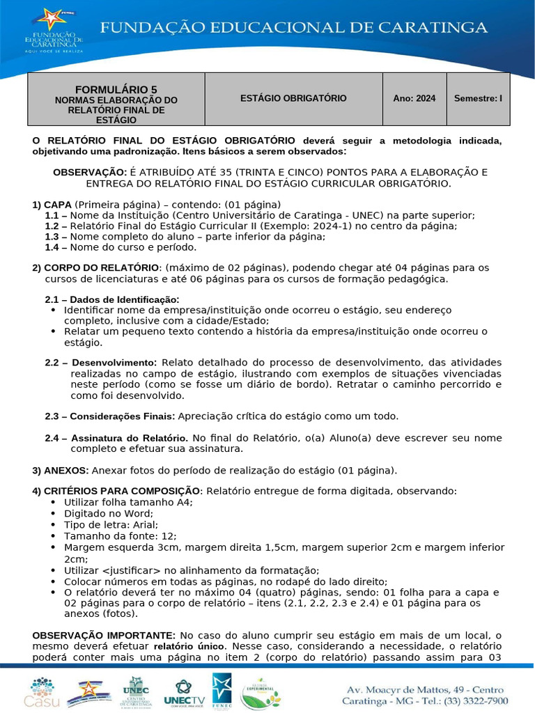 05 - FORMULÁRIO 5 - Normas de Elaboração Do Estágio | PDF