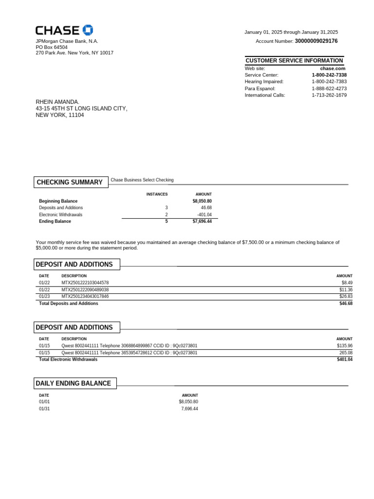 508373802-Chase-Bank-Statement-Rhein Amanda | PDF | Chase Bank ...