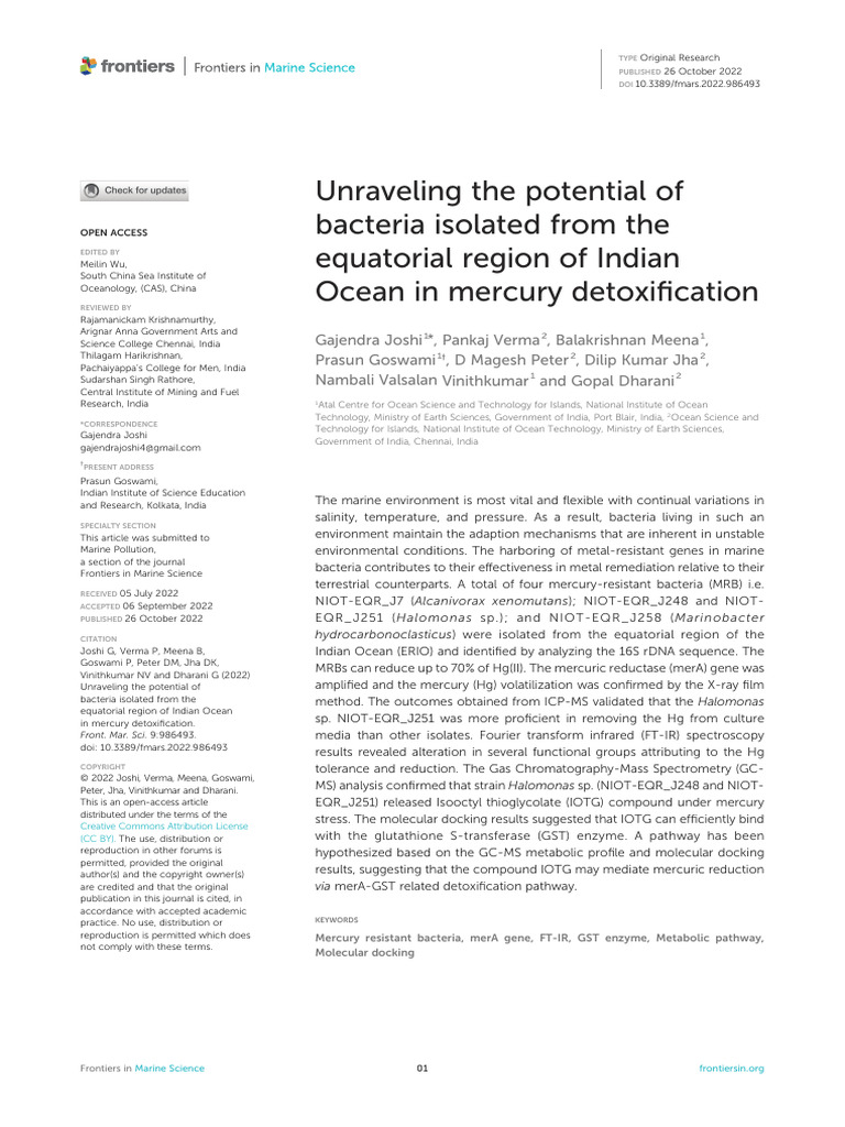 Unraveling Potential of Bacteria Mercury Detox - Front Mar Sci. 2022 ...