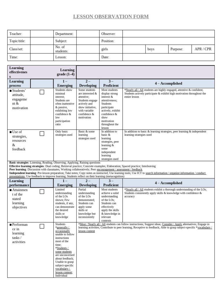 Form H-010C Lesson Observation Form (06!10!2025) | PDF | Learning ...