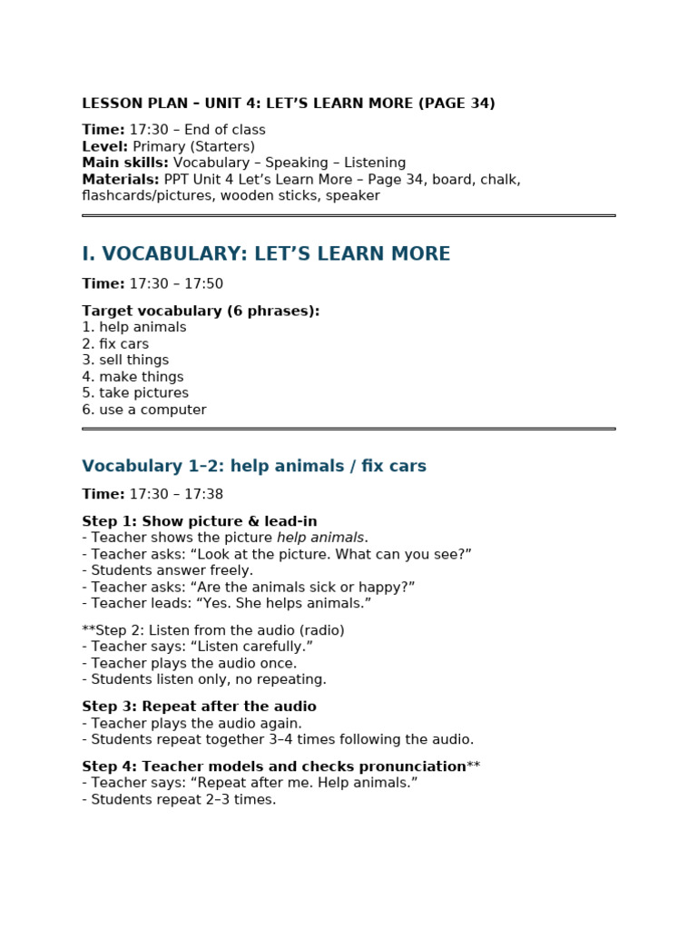 Lesson Plan – Unit 4 Let’s Learn More (page 34) | PDF | Applied ...