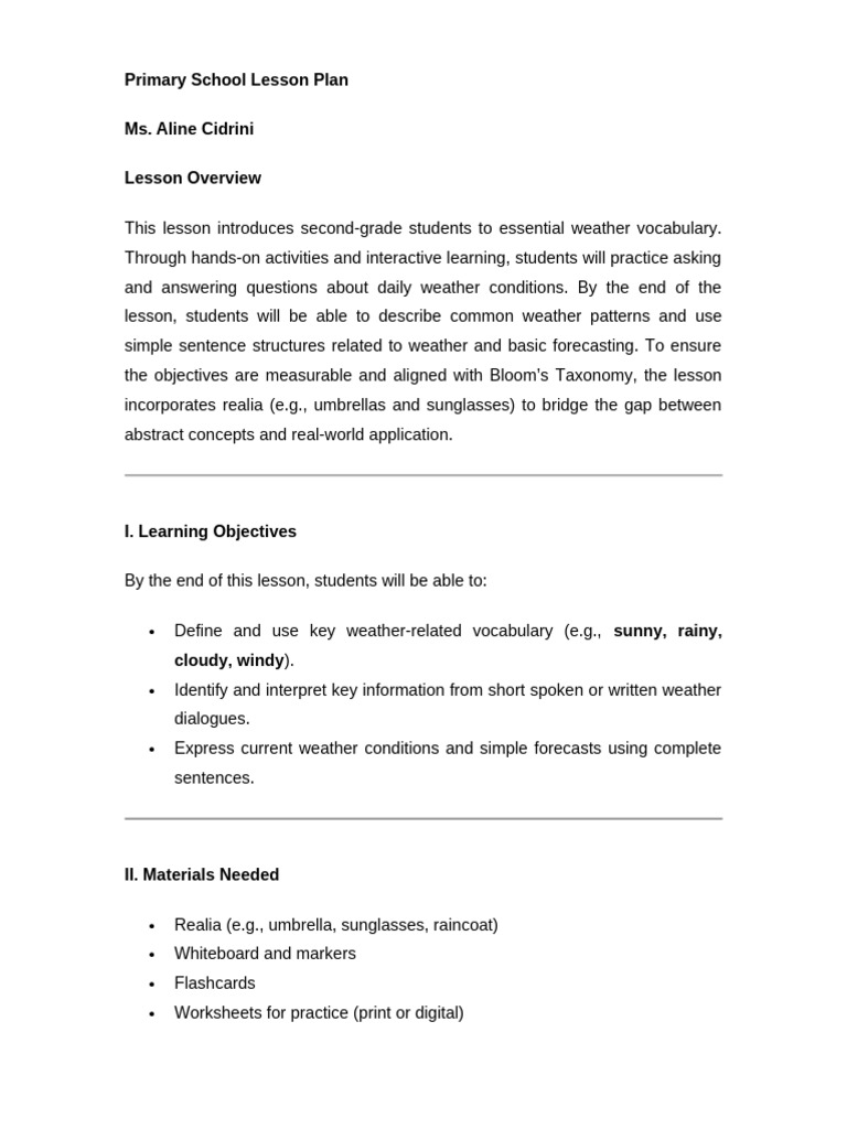 Second Grade Weather Vocabulary Lesson | PDF | Reading Comprehension ...