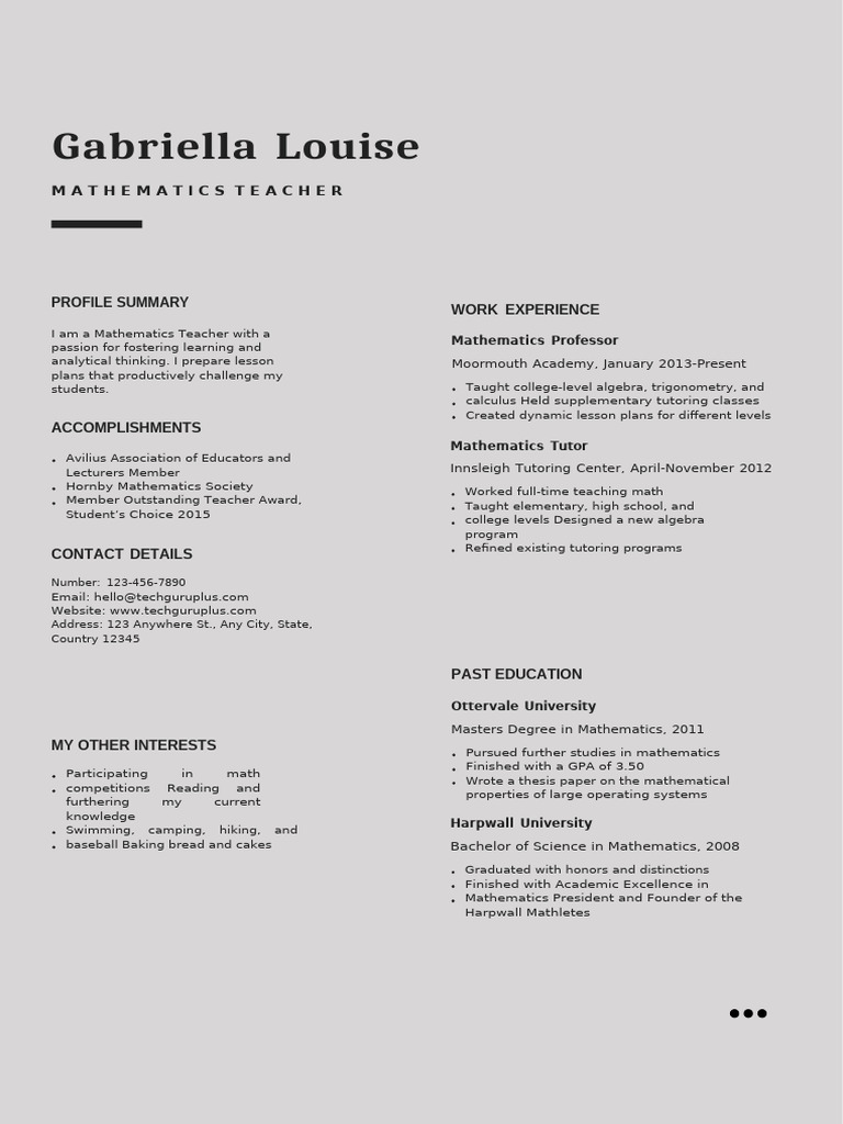 Mathematics Teacher Editable Resume Template Download in Docx 10 | PDF ...