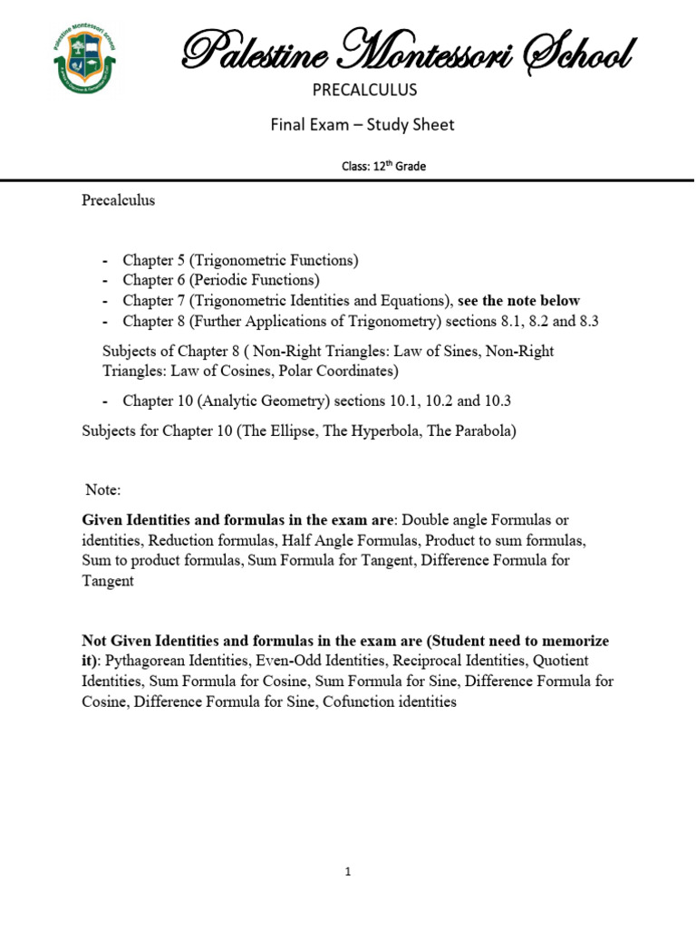 12'th Grade - Final Exam Study Sheet | PDF