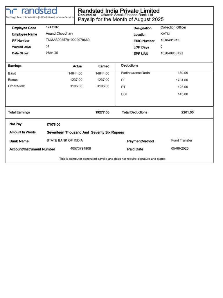 August 2025 Payslip for Anand Choudhary | PDF
