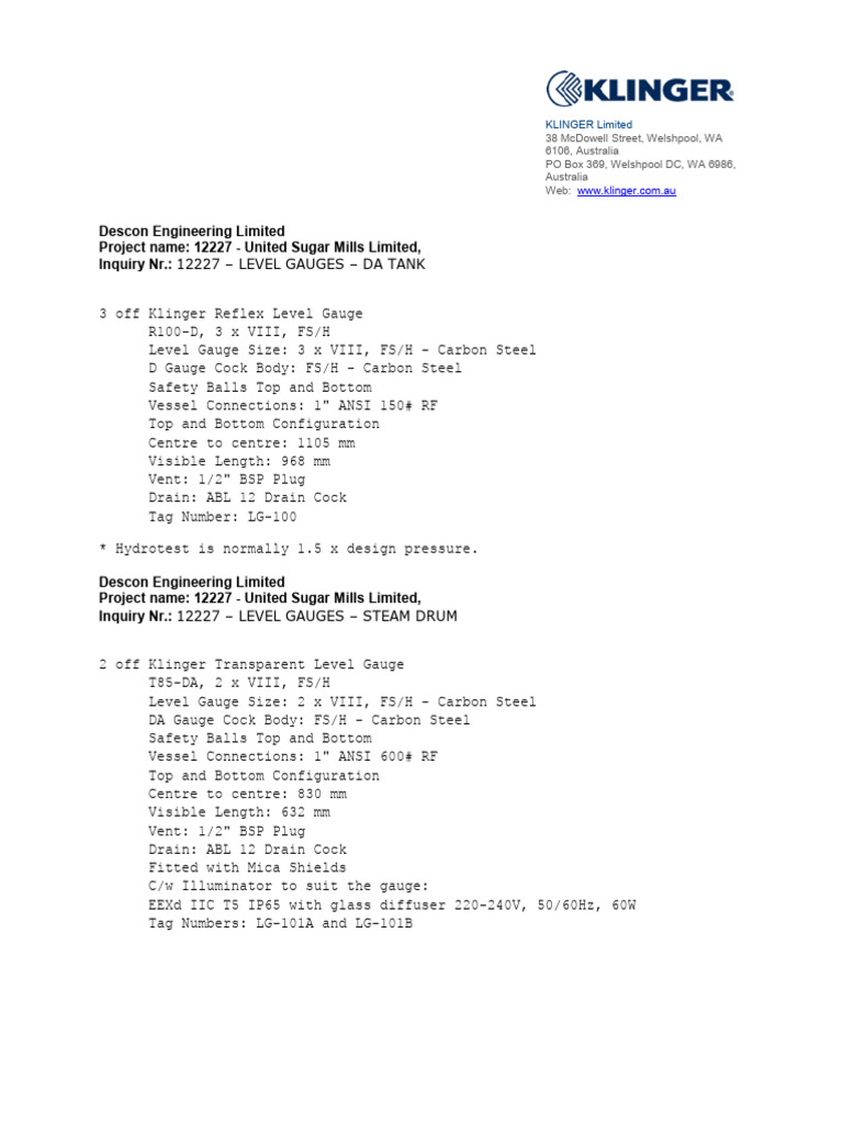 Data Sheet of Level Gauges Dm12227-Jdw (Klinger) | PDF