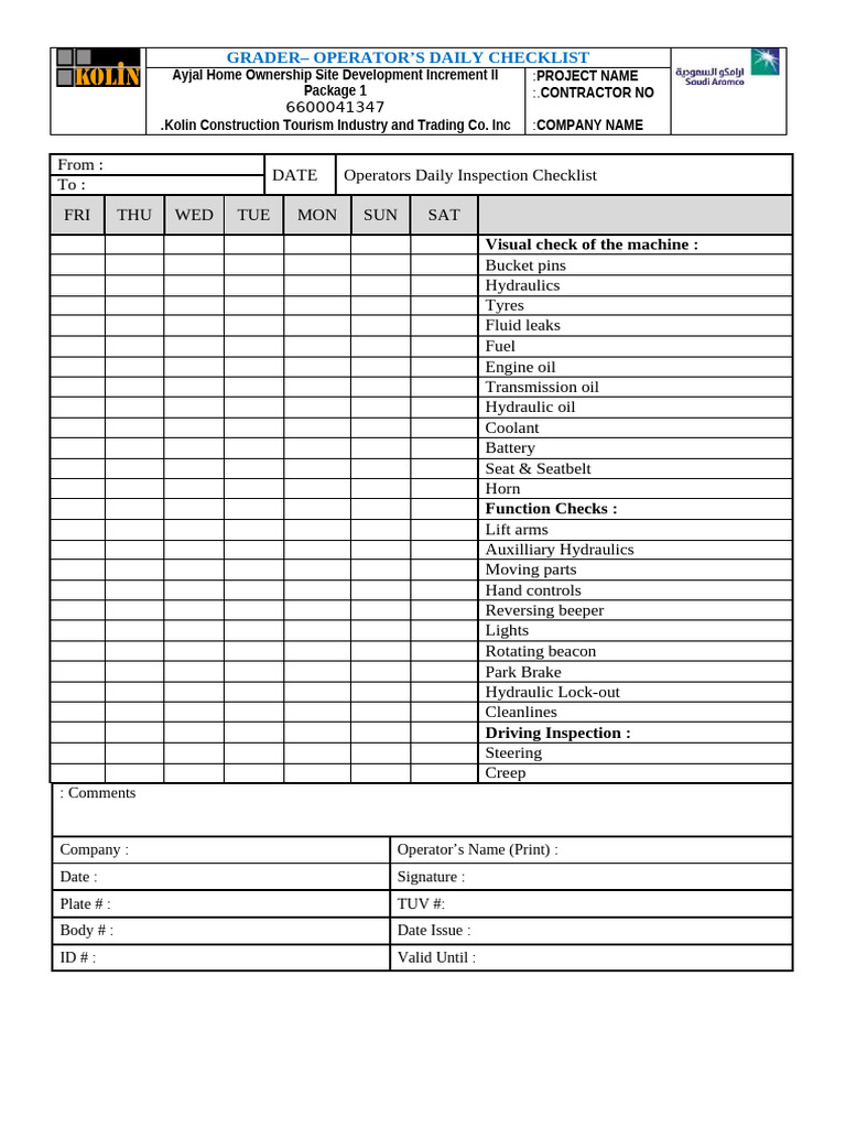 Daily Grader Operator Inspection Checklist | PDF | Automotive Industry ...
