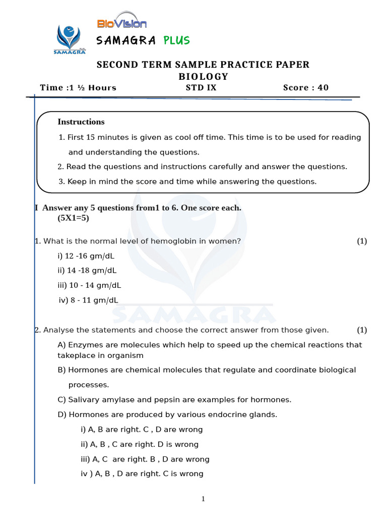 BIO-VISION_Class 9 Biology EM Second Term Model Question Paper & Key ...