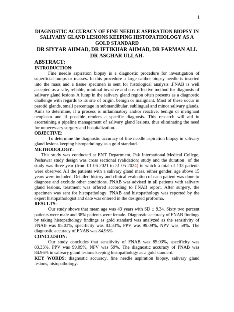 FNAB Diagnostic Accuracy in Salivary Glands | PDF | Biopsy | Clinical ...