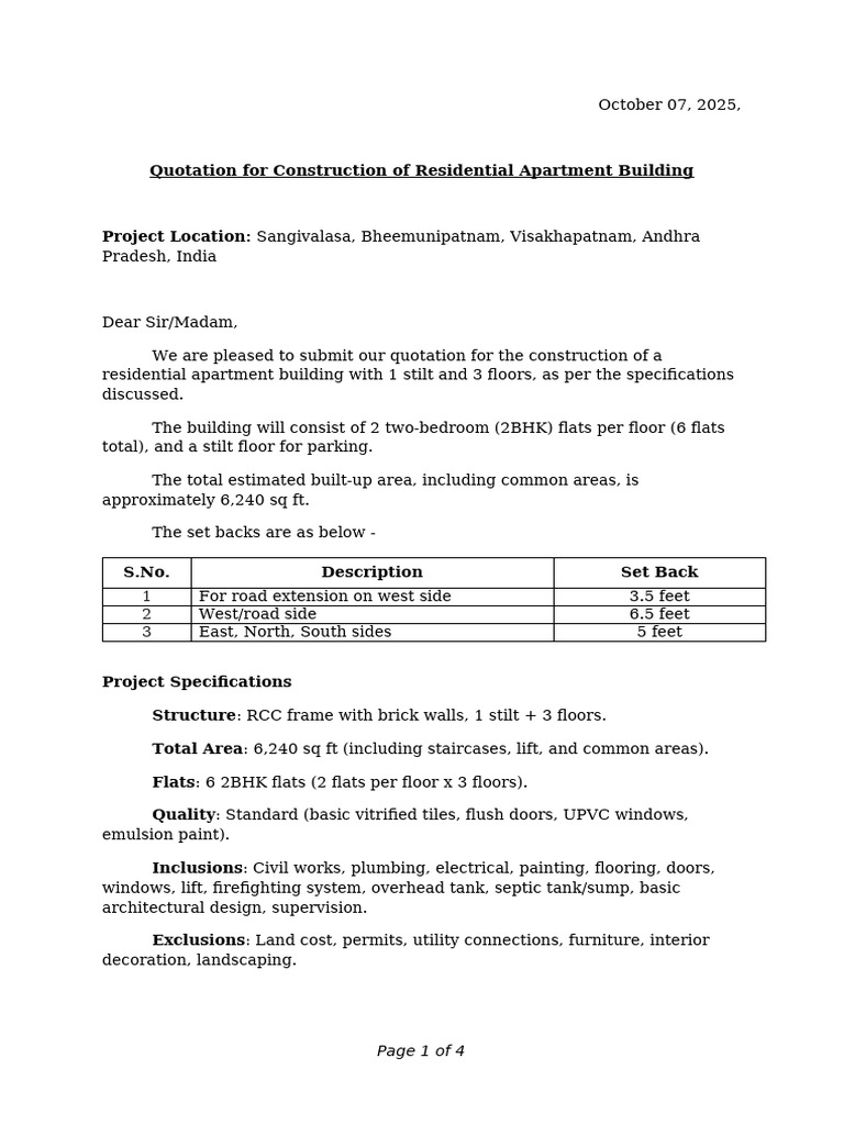 Quotation for 2BHK Apartment Construction | PDF | Specification ...