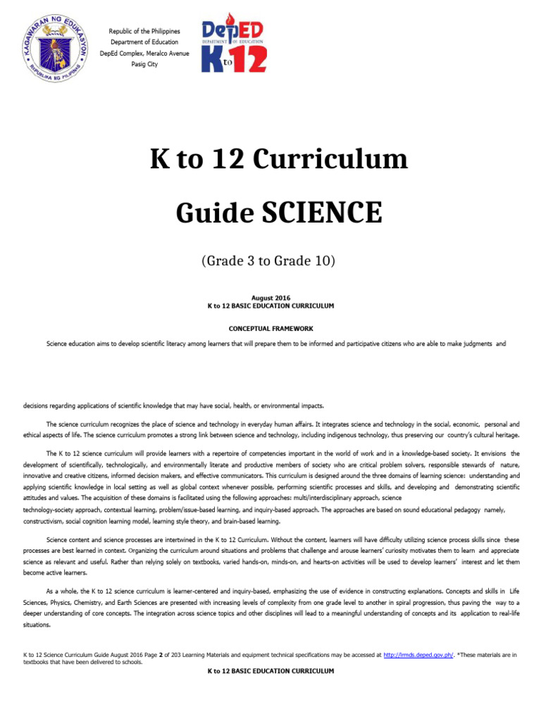 K to 12 Science Curriculum Guide | PDF | Reproduction | Chemical Compounds