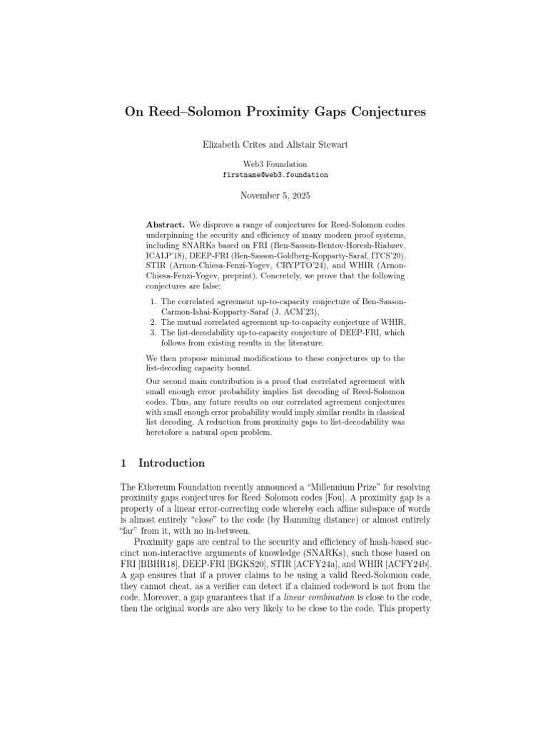 On Reed–Solomon Proximity Gaps Conjectures | PDF | Mathematics ...