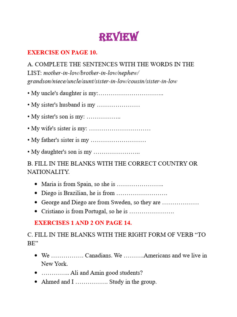 Family and Grammar Exercises | PDF