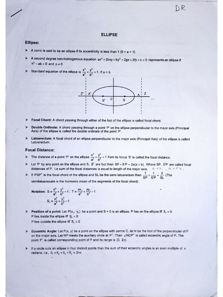 Ellipses Advanced Formula Revision - Class 11 - JEE | PDF