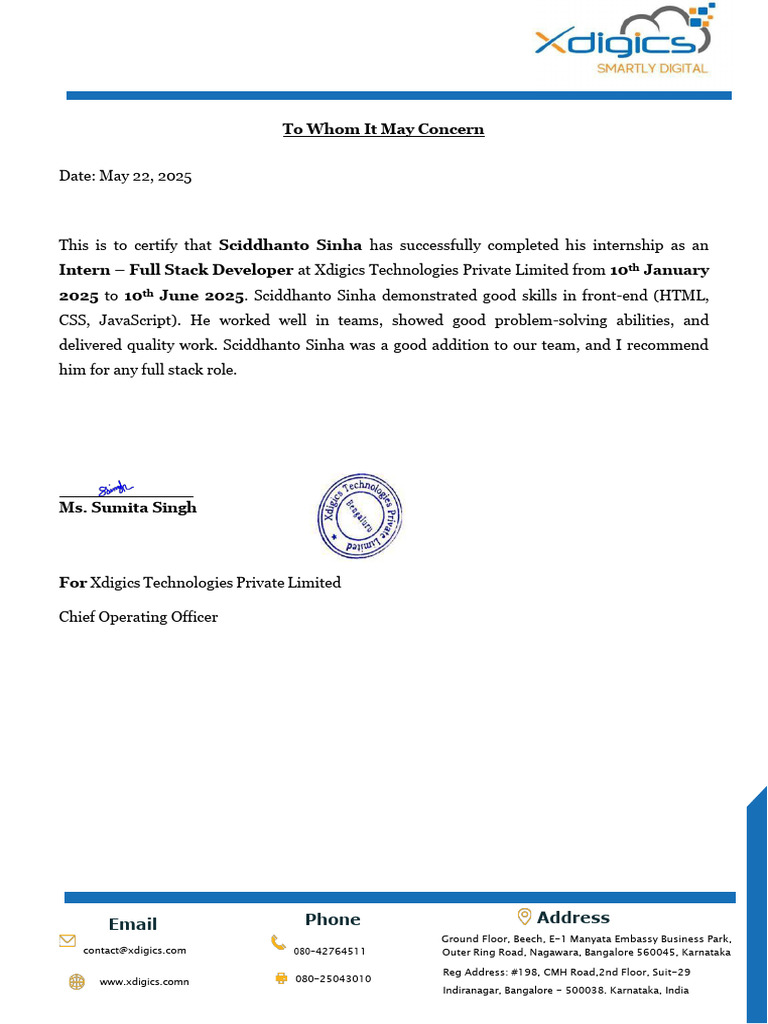 Xdigics Sciddhanto Sinha Internship Completion Certificate | PDF