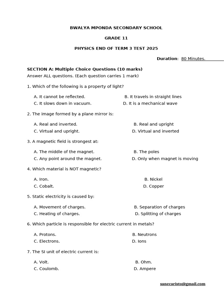 Grade 11 Physics Test 2025 | PDF | Electric Current | Electromagnetism