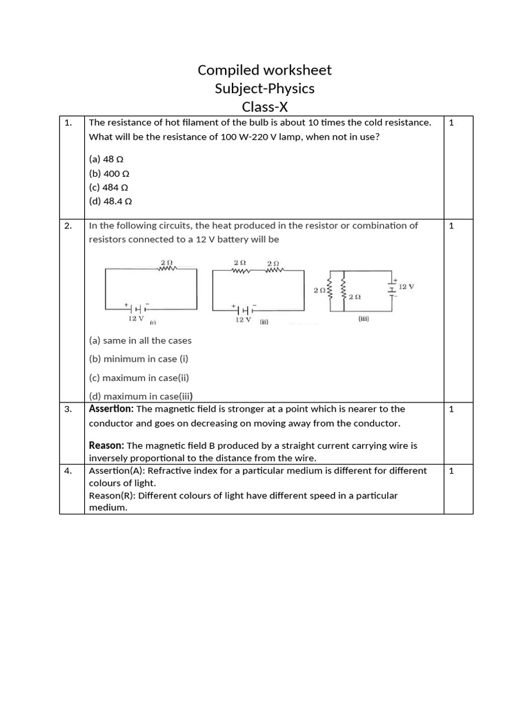 CL X Physics Cumulative Worksheet | PDF | Magnetic Field | Force