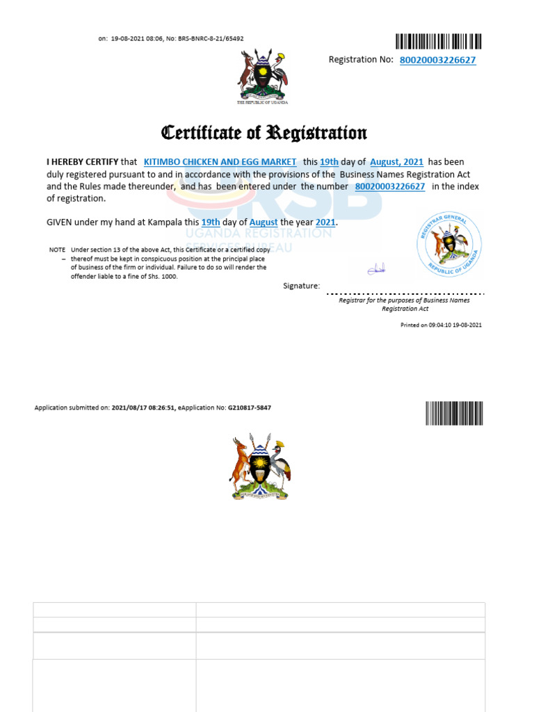 Business Name Registration Certificate | PDF