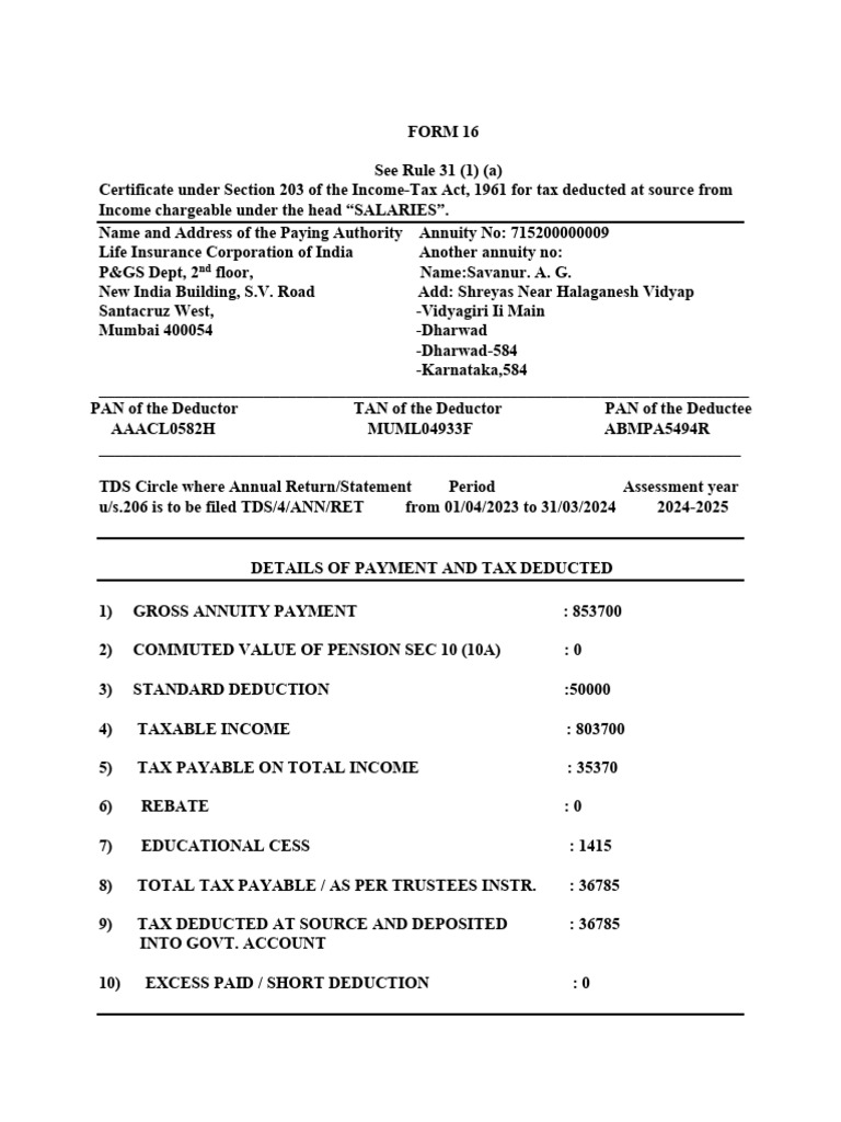 LIC Pension Form 16 From LIC (Tax) | PDF | Income Tax | Tax Deduction