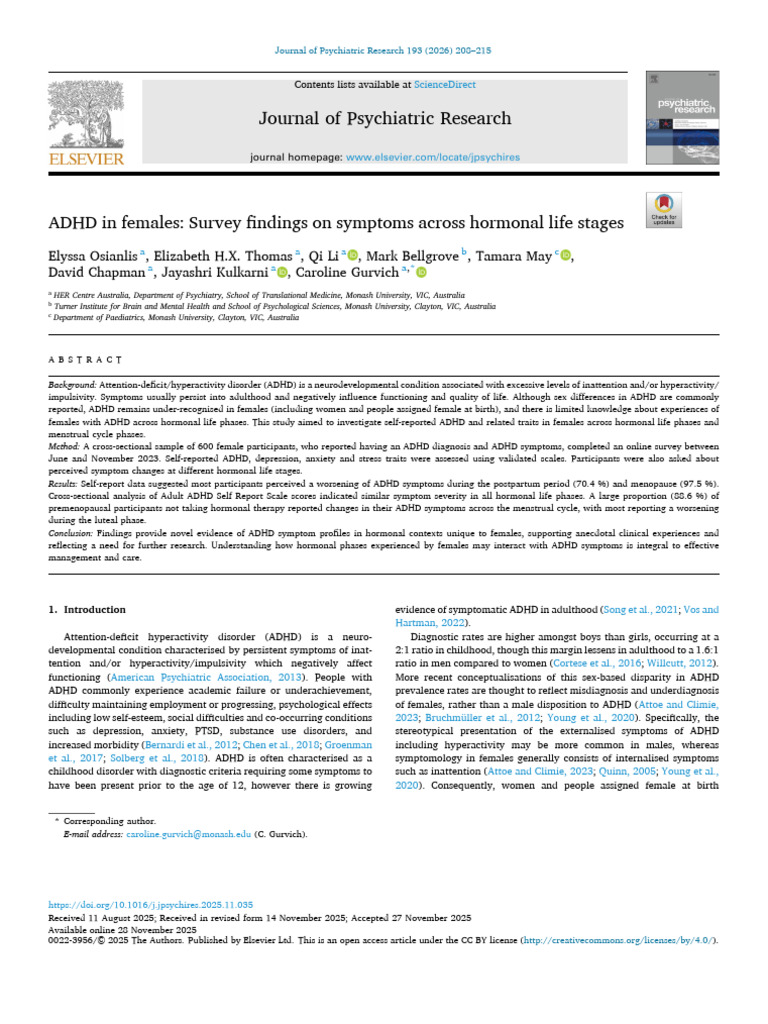 Osianlis Et Al., 2025. ADHD in Females - Survey Findings on Symptoms ...